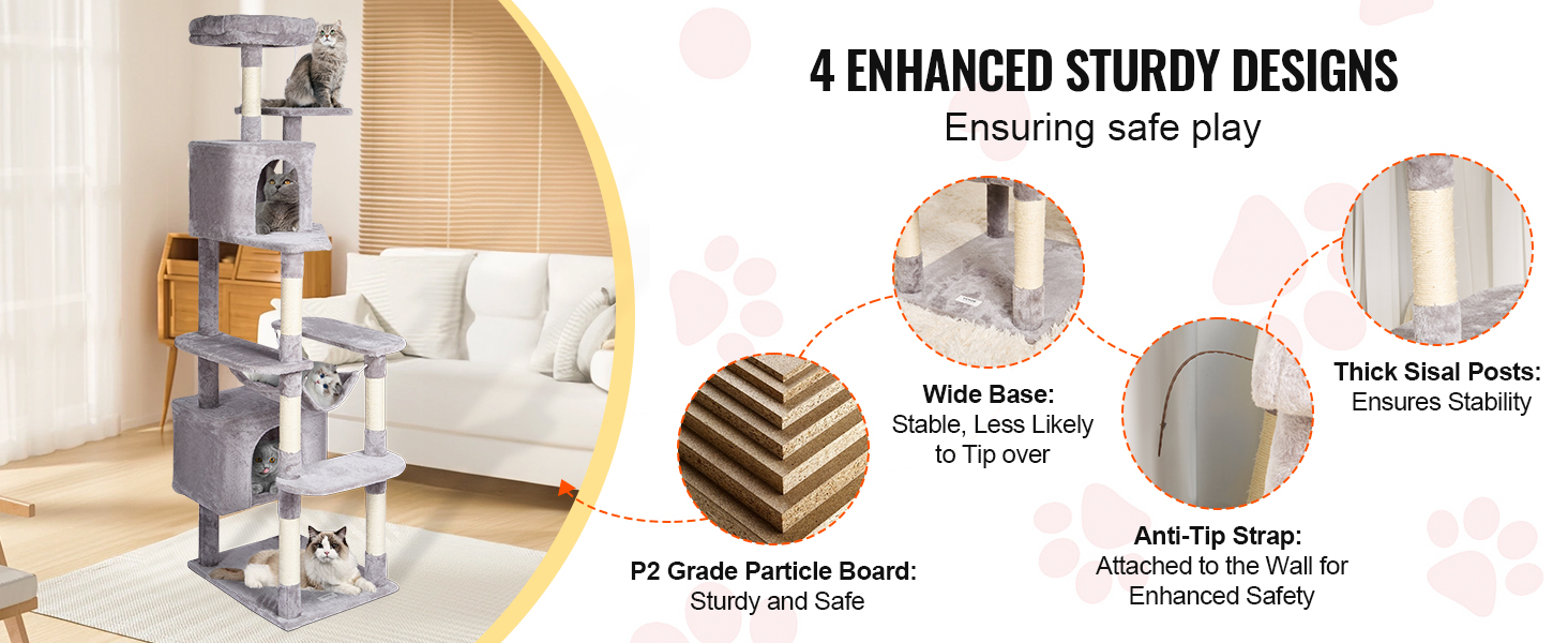 VEVOR Cat Tree for Indoor Cats, 72" Cat Tower with 2 Cat Condos, Sisal ...