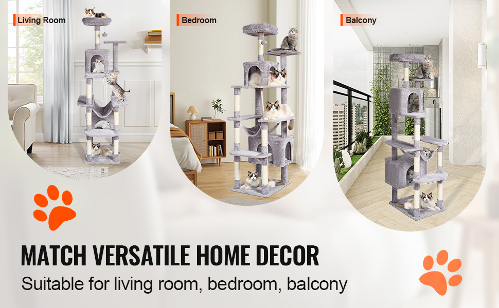 VEVOR Cat Tree 72" Cat Tower with 2 Cat Condos Sisal Scratching Post ...