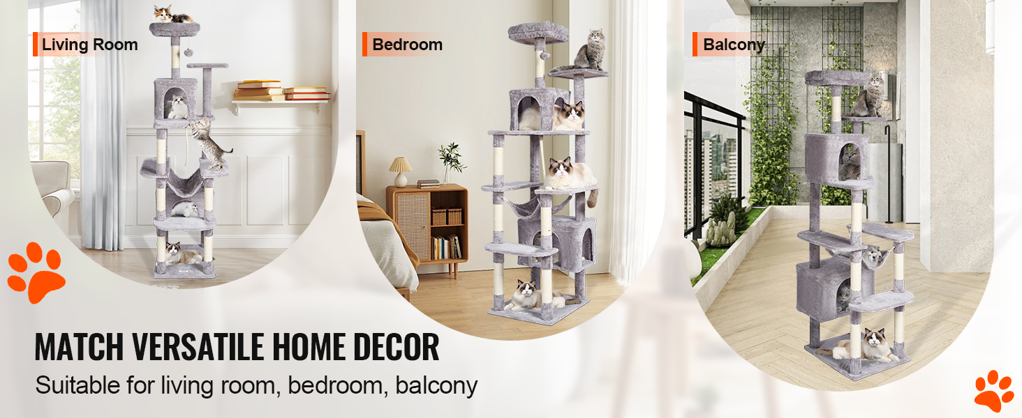 VEVOR Cat Tree for Indoor Cats, 72" Cat Tower with 2 Cat Condos, Sisal ...