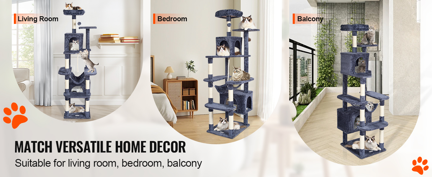 VEVOR Cat Tree for Indoor Cats, 72" Cat Tower with 2 Cat Condos, Sisal ...