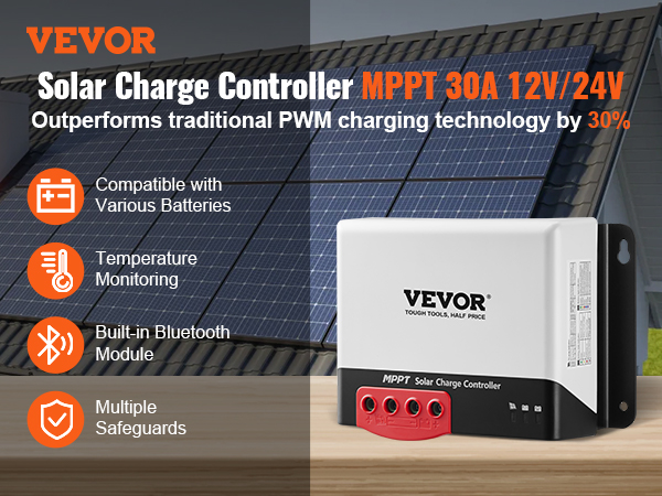 VEVOR 30A MPPT Solar Charge Controller, 12V / 24V Auto DC Input, Solar Panel Regulator Charger ...
