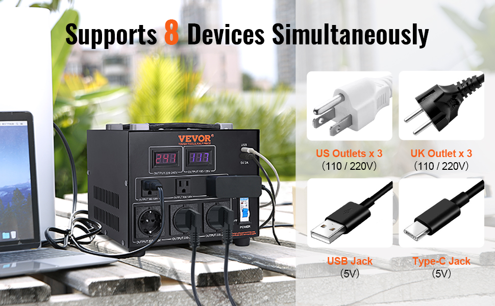 VEVOR 5000VA Spannungswandler Transformator AC 110V⇋220V Transformer Wandler 3x US NEMA 5-15R 3 ...