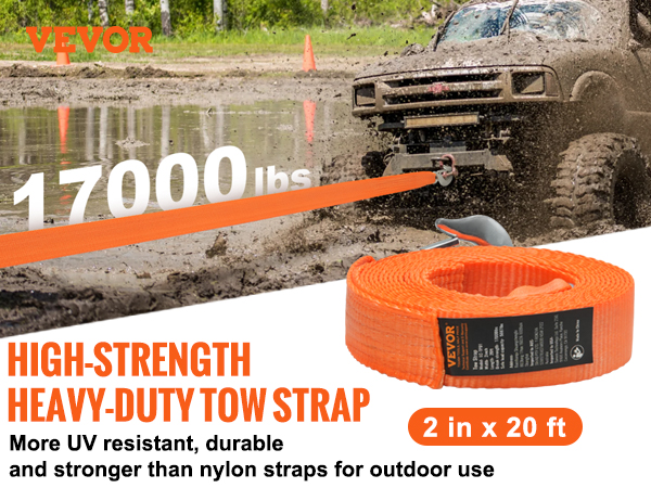VEVOR ATV Car Tow Strap with Hooks 2"x20' 17000 lbs, Tow Straps with ...