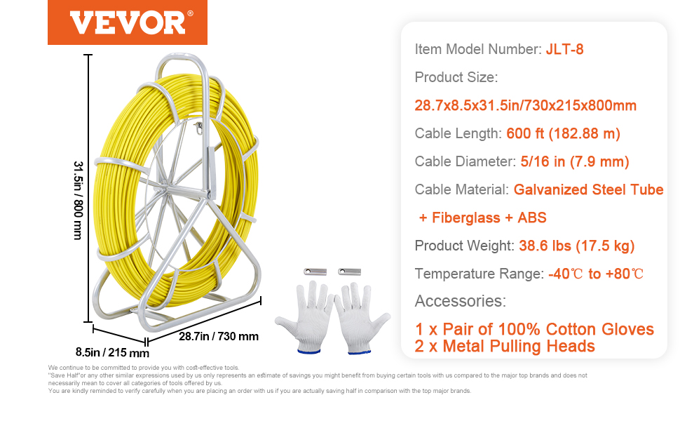 VEVOR Fish Tape Fiberglass, 600 ft, 5/16 in, Duct Rodder Fishtape Wire ...