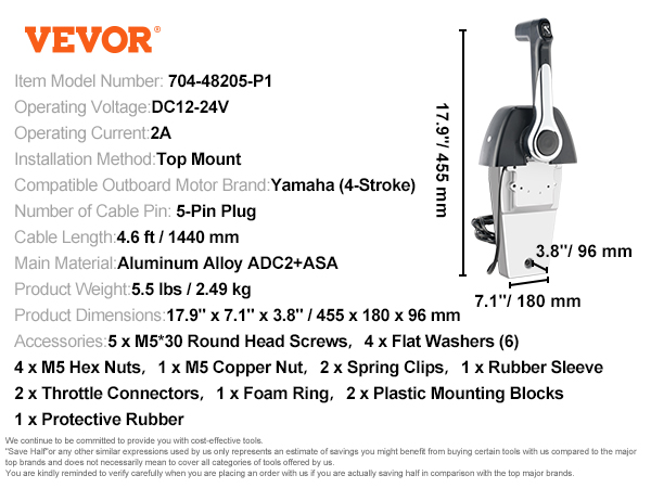 VEVOR Boat Throttle Control, 704-48205-P1 Top-Mounted Outboard Remote ...