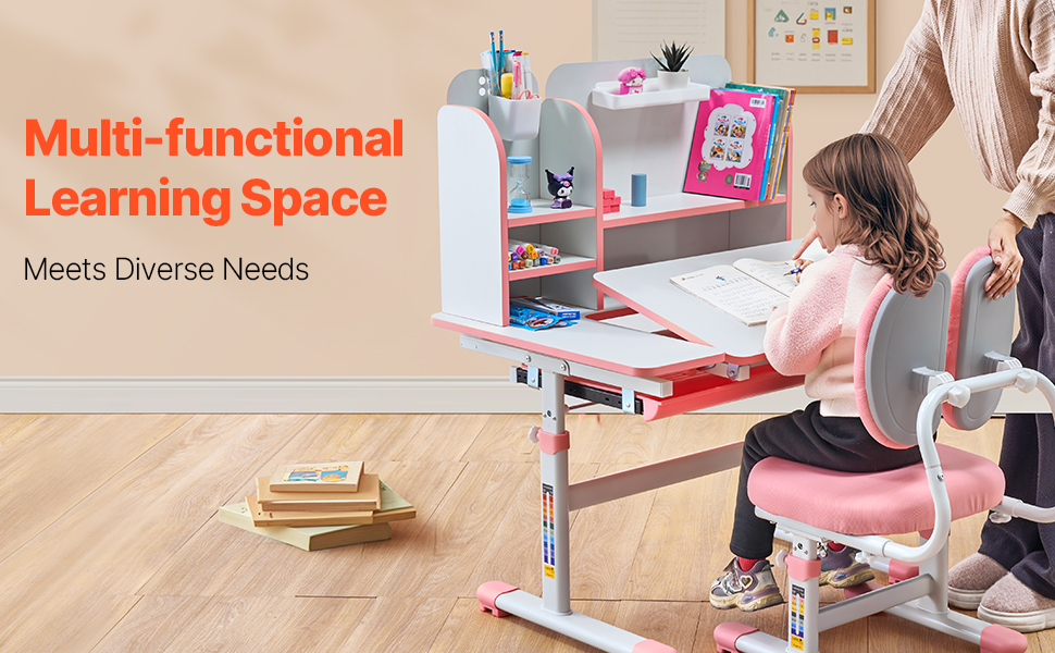 VEVOR Kids Study Chair and Desk with Bookshelf & Drawer Height ...