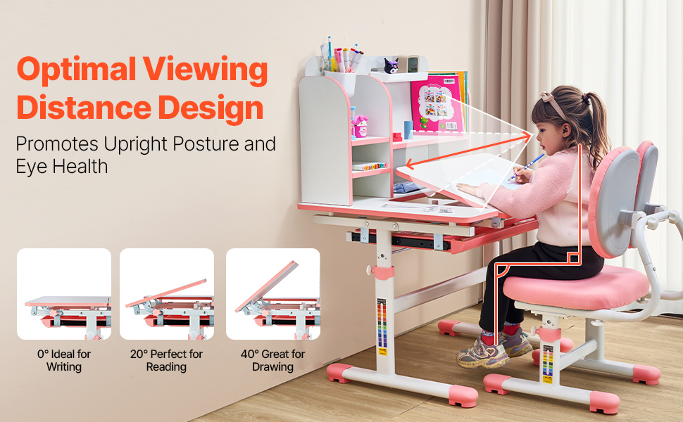 VEVOR Kids Study Chair and Desk with Bookshelf & Drawer Height ...