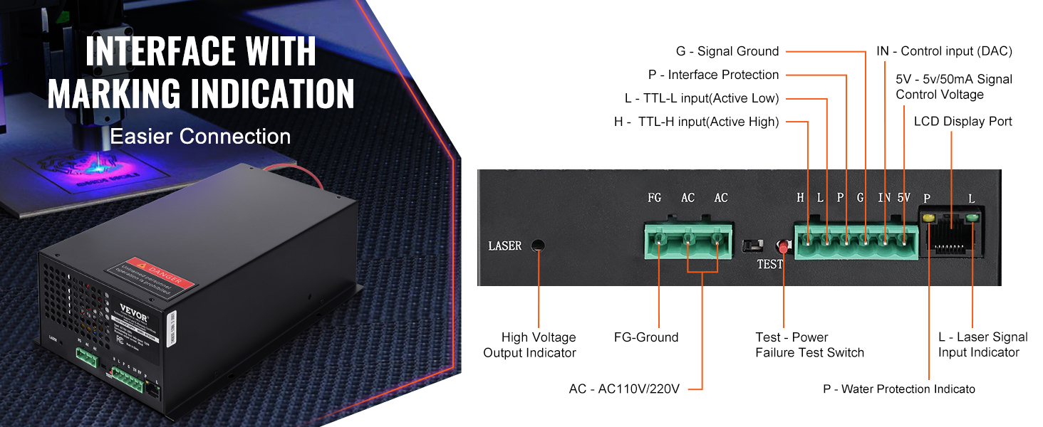 VEVOR CO2 Laser Power Supply for 150W Laser Tube Laser Engravers and ...