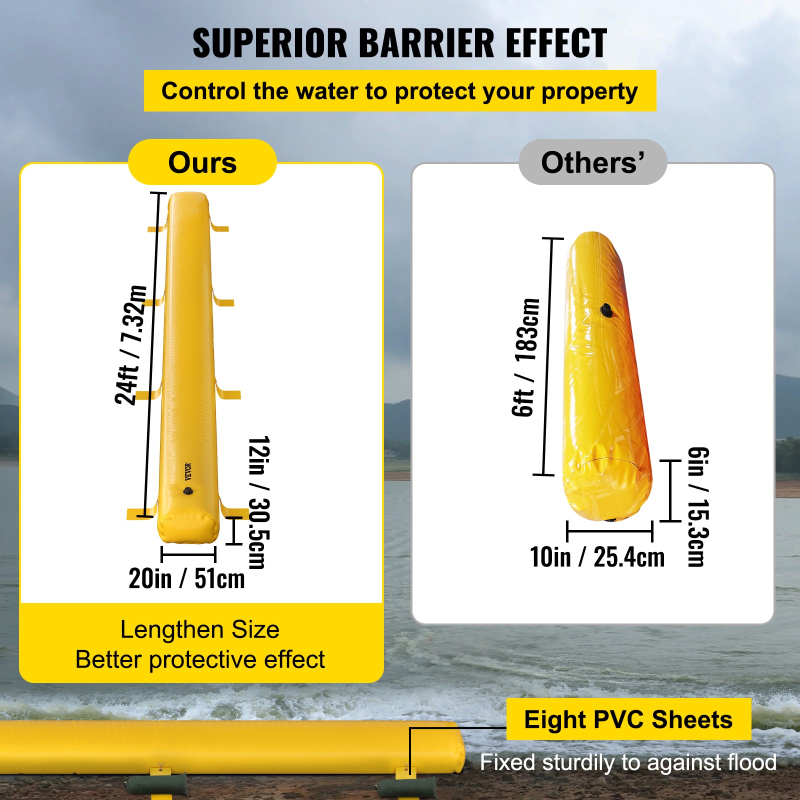 VEVOR Flood Barrier Hydro Barrier 24'/12' Length x 12"/6" Height Water ...