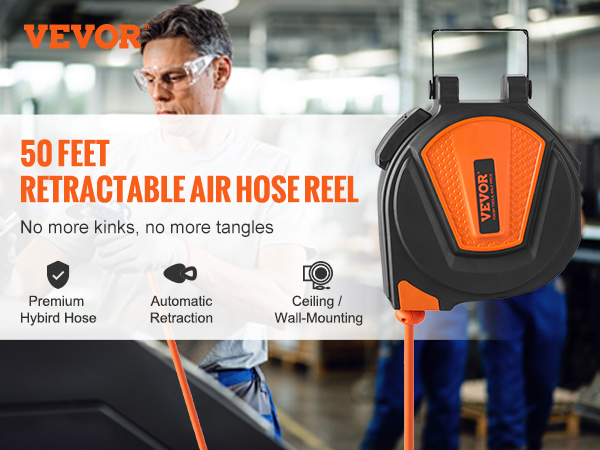 VEVOR Retractable Air Hose Reel, 3/8 IN x 50 FT Hybrid Air Hose Max 300PSI, Air Compressor Hose ...