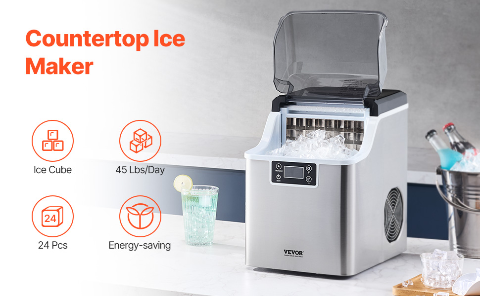 VEVOR Portable Countertop Ice Maker 45Lbs/24H Self-Cleaning with Scoop ...