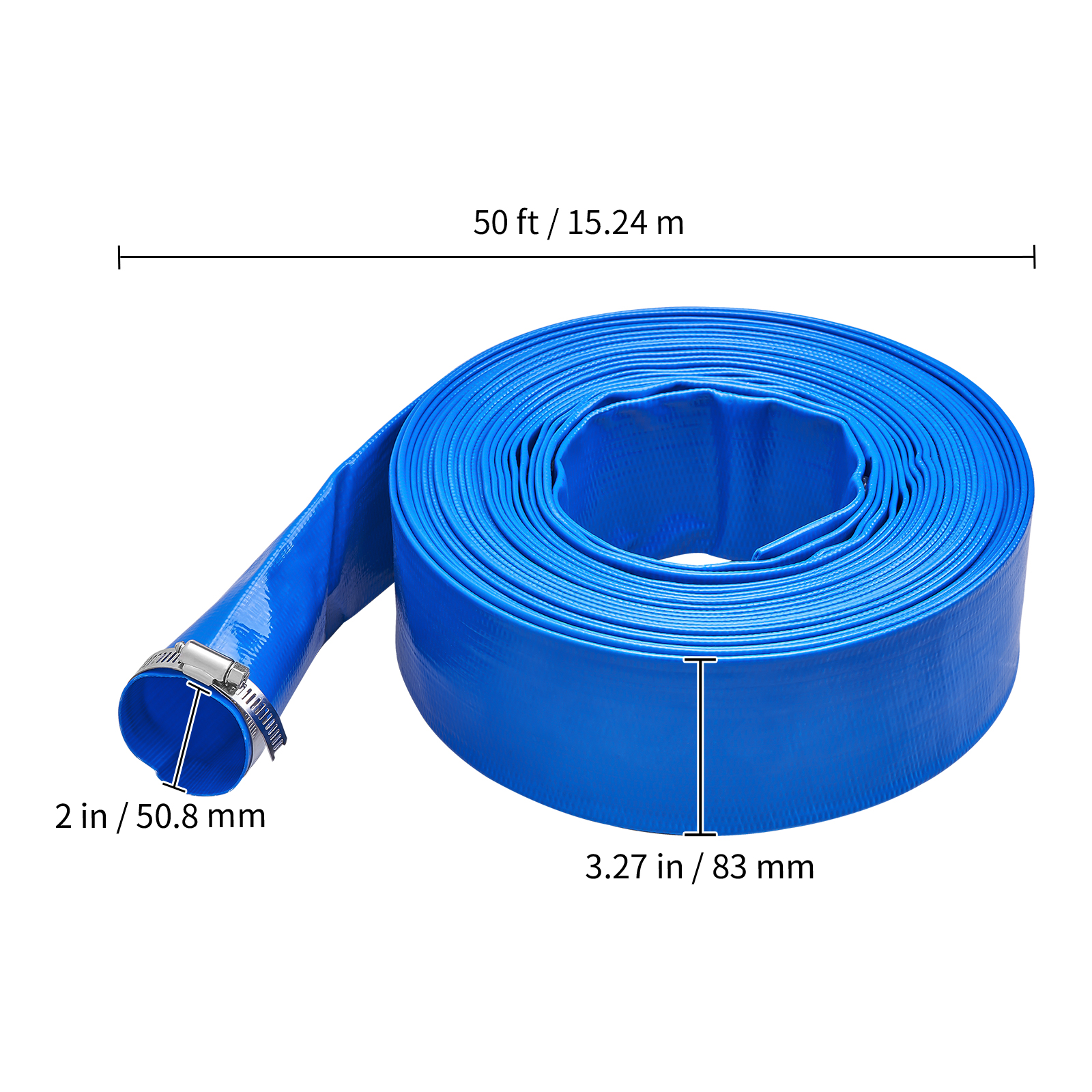 VEVOR Backwash Hose, 2 in x 50 ft, Heavy-Duty PVC Flat Pool Discharge Hose with Clamps, Weather ...