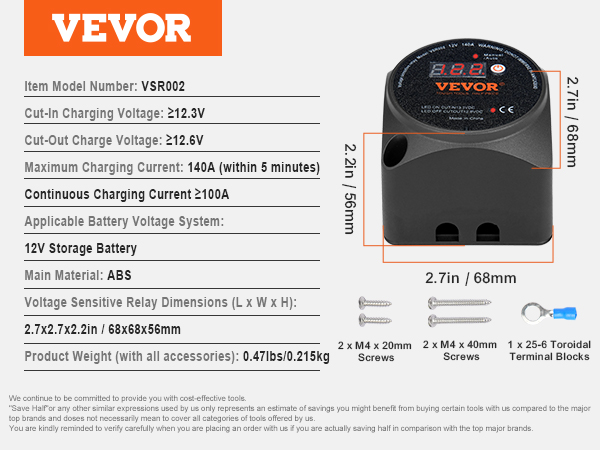 VEVOR Split Charge Relay Voltage Sense Relay 12V 140A Dual Battery ...
