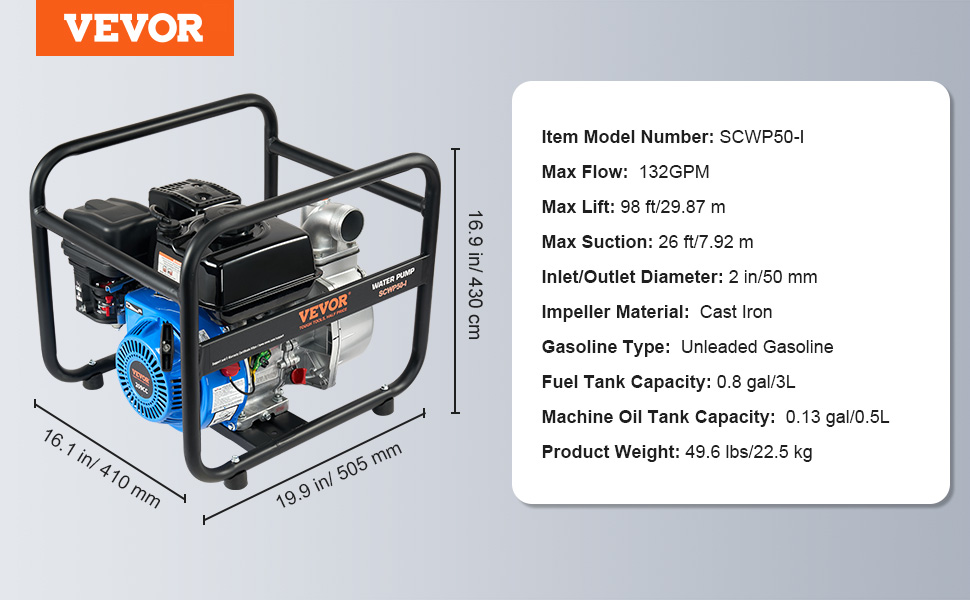 VEVOR Gasoline Engine Water Pump Gas Powered Transfer Pump 2 in 6.5HP 4 ...