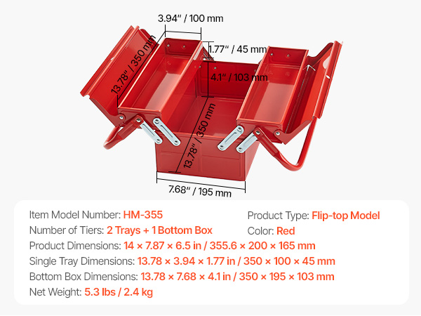 Tool Box 14-inch 2-Tier 3-Tray Folding Cantilever Toolbox with Handle ...
