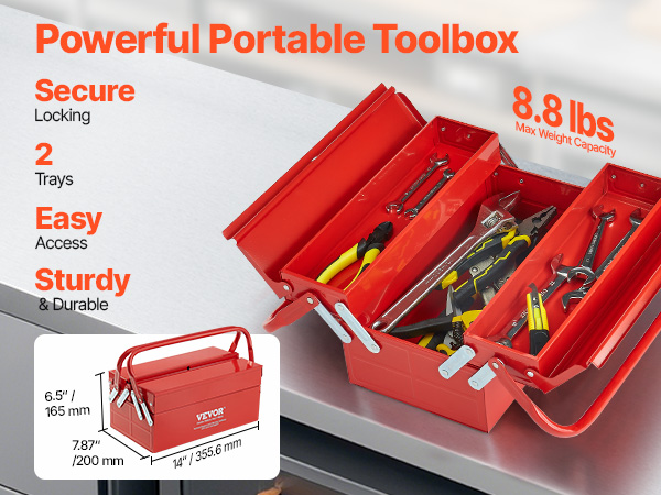 Tool Box 14-inch 2-Tier 3-Tray Folding Cantilever Toolbox with Handle ...
