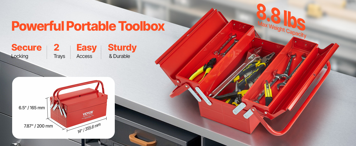 VEVOR Tool Box 14-inch 2-Tier 3-Tray Folding Cantilever Toolbox with ...