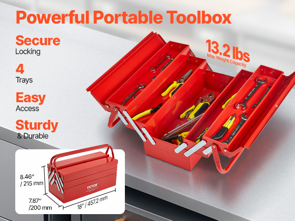 Tool Box 18-inch 3-Tier 5-Tray Folding Cantilever Toolbox with Handle ...