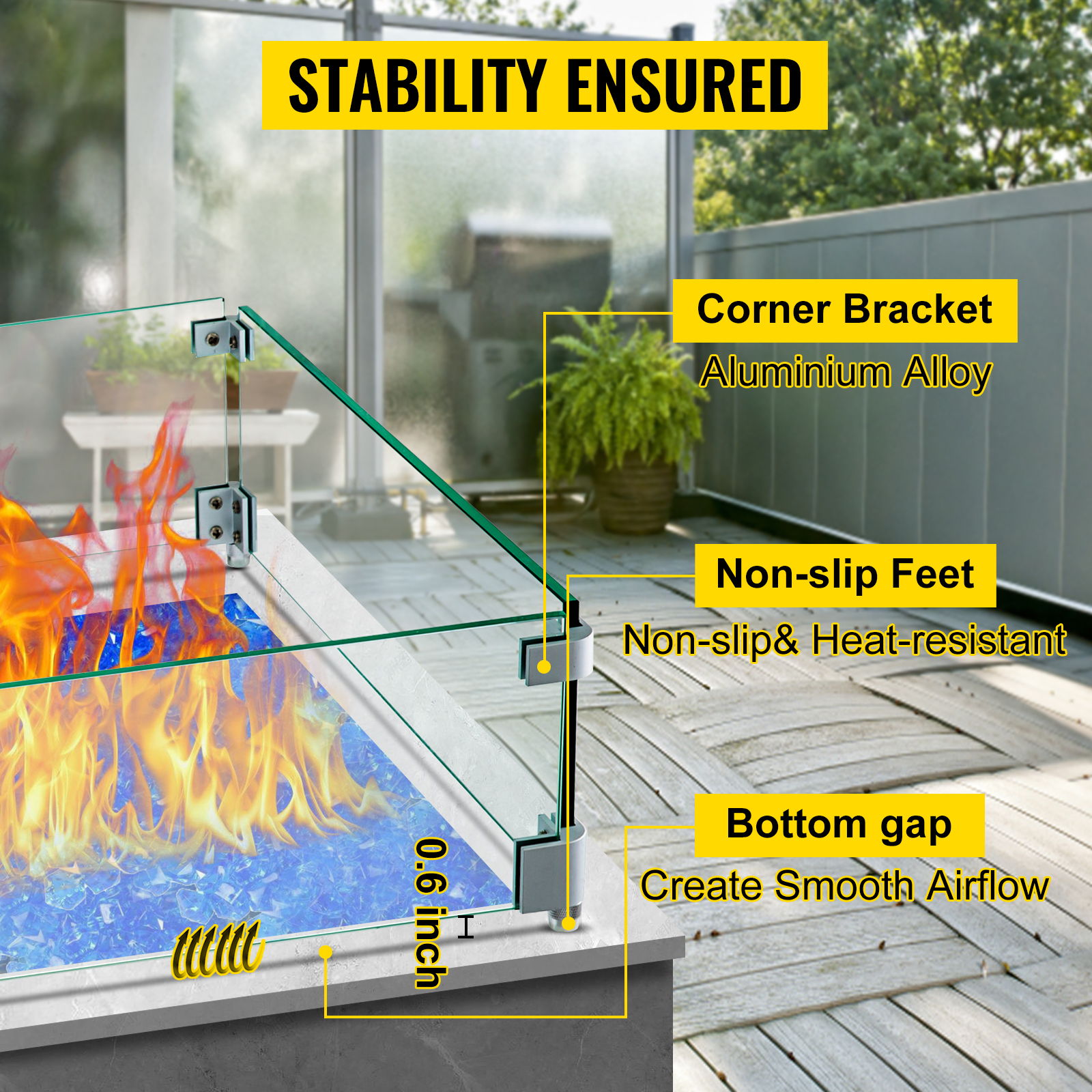 VEVOR Fire Pit Wind Guard 21 x 21 x 6 Inch Glass Flame Guard, Rectangle ...