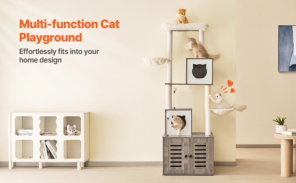 VEVOR Large Cat Tree Litter Box Enclosure 2-in-1 Cat Tower Indoor Cat Play House | VEVOR CA