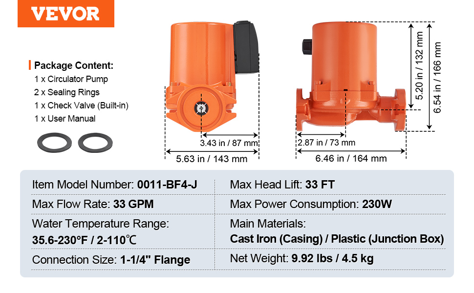 VEVOR 0011-BF4-J Hot Water Circulation Pump 110V 230W 33 GPM ...
