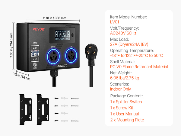 NEMA Splitter for Dryer and EV NEMA 10-30P 2x 10-30R 3.4'' LCD Screen ...