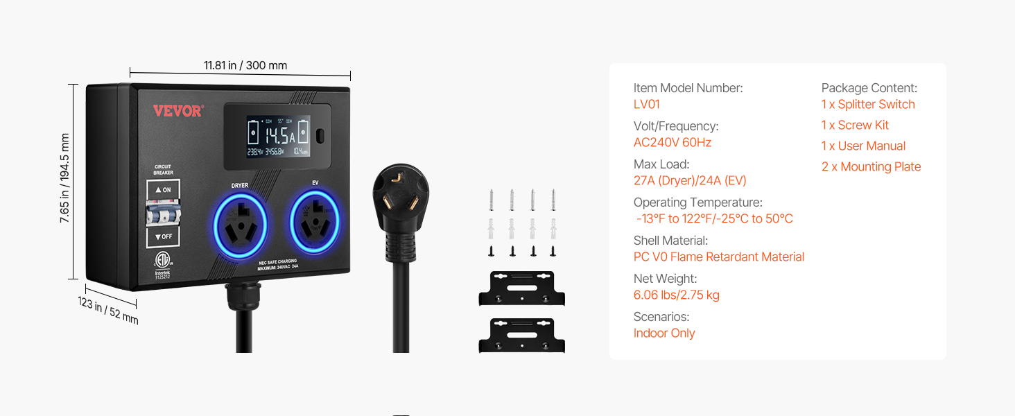 NEMA Splitter for Dryer and EV NEMA 10-30P 2x 10-30R 3.4'' LCD Screen ...