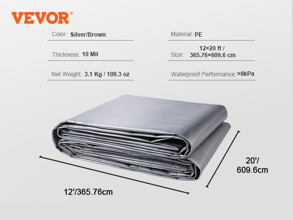 VEVOR Tarp Waterproof 12x20 ft, Plastic Poly Tarp Cover 10 Mil, Multi ...
