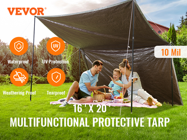 VEVOR Tarp Waterproof 16x20 ft, Plastic Poly Tarp Cover 10 Mil, Multi ...