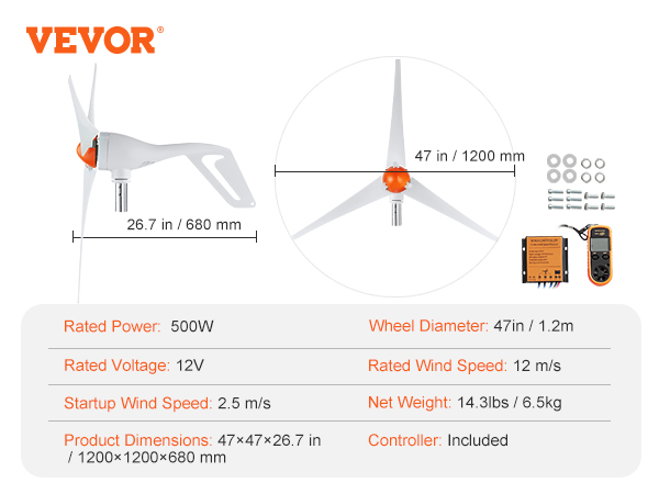 VEVOR 500W Wind Turbine Generator with Anemometer, 12V Wind Turbine Kit ...