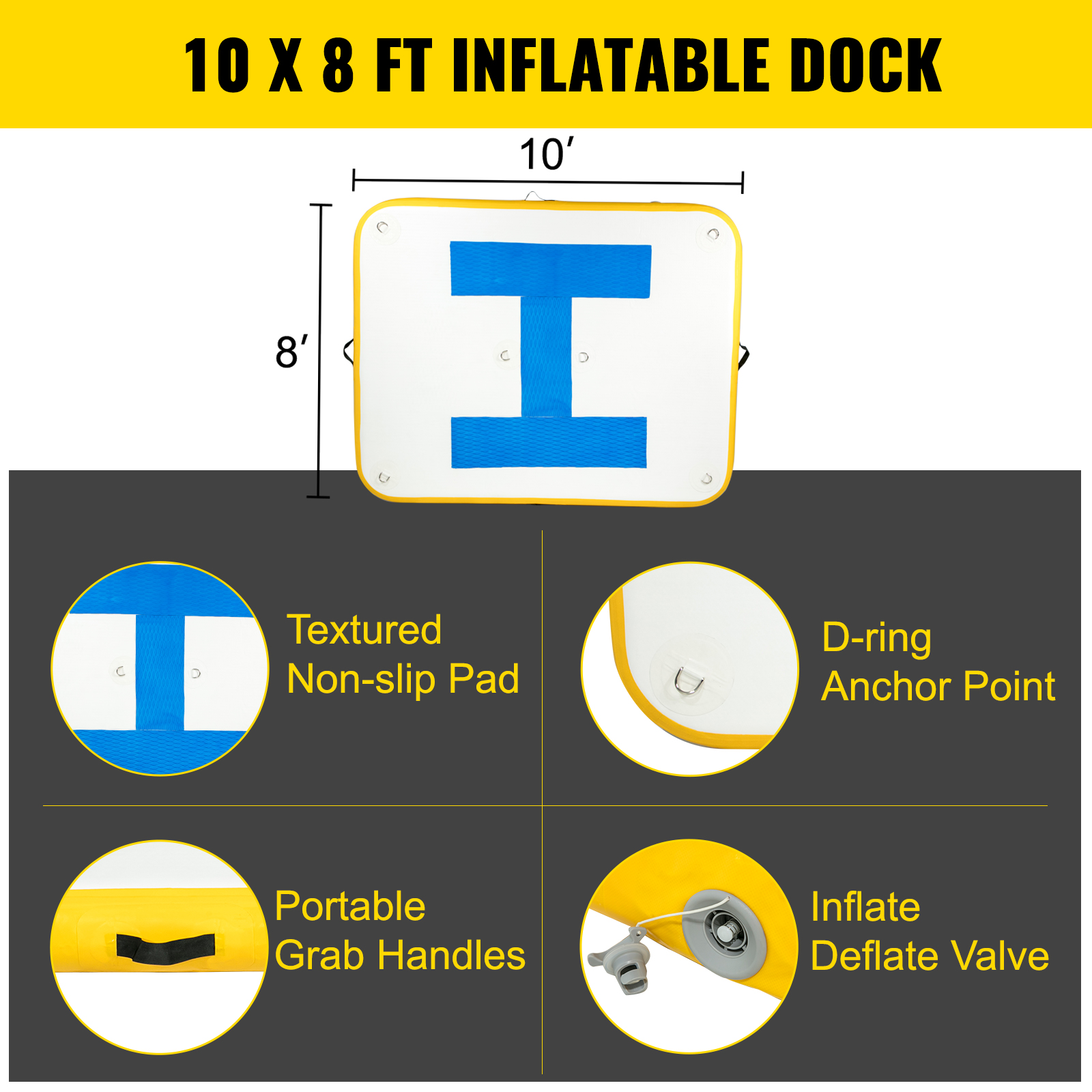 Vevor Inflatable Dock Platform Inflatable Dock 10'x8'x6" Floating Dock ...
