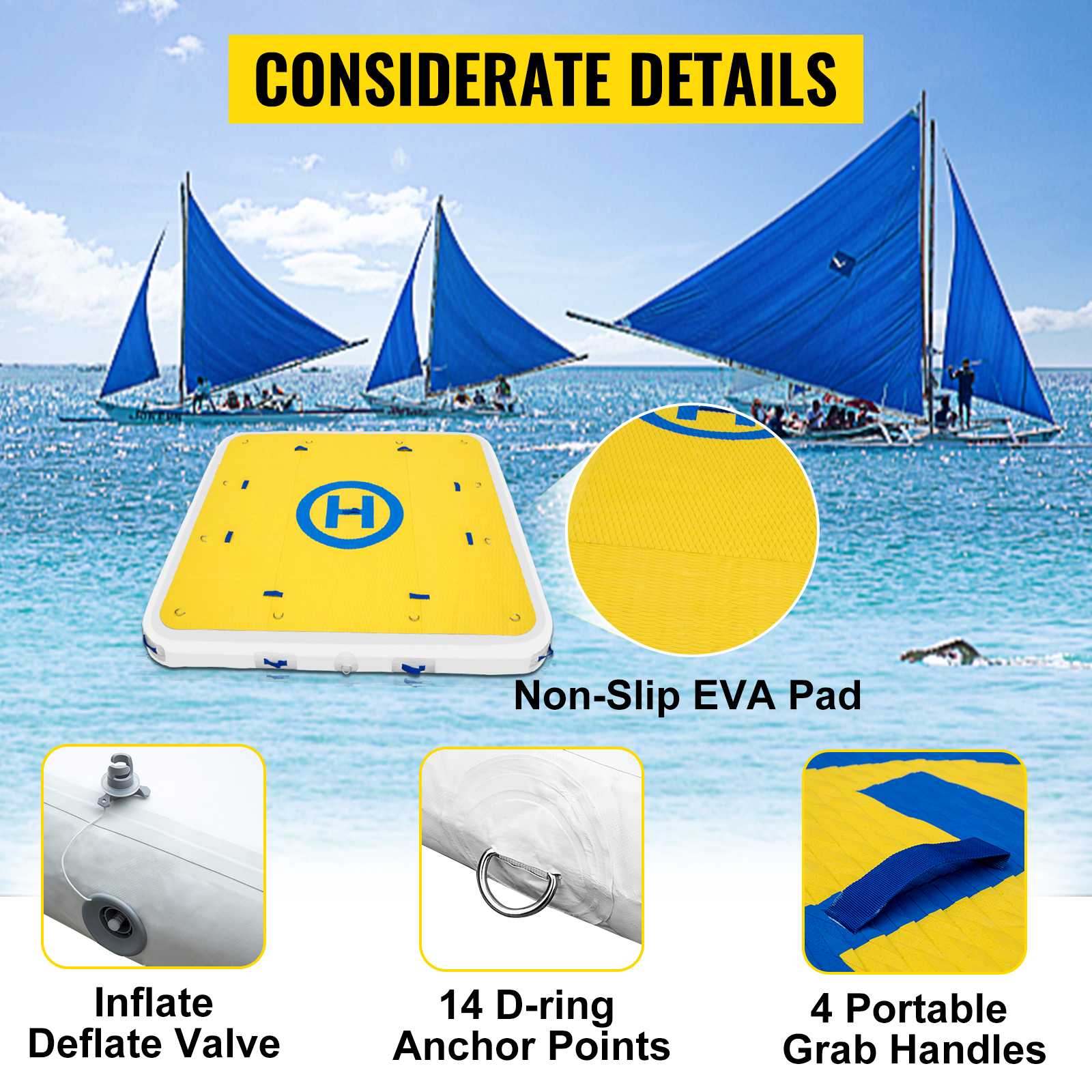 VEVOR Inflatable Dock Floating Platform, 8 x 6 ft, 3-4 Person Capacity ...