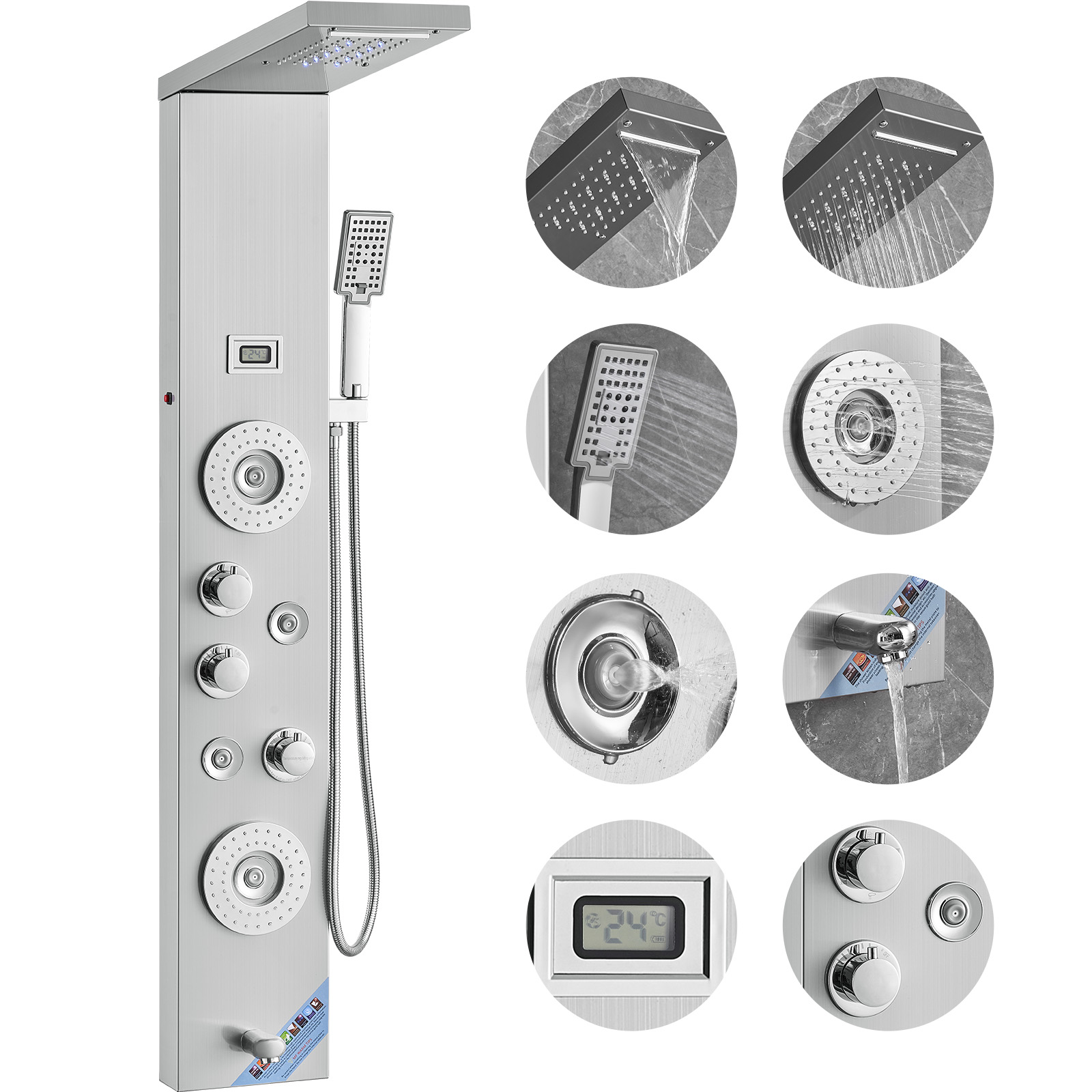 VEVOR LED Shower Panel Tower Massage System Rain&Waterfall Jets ...