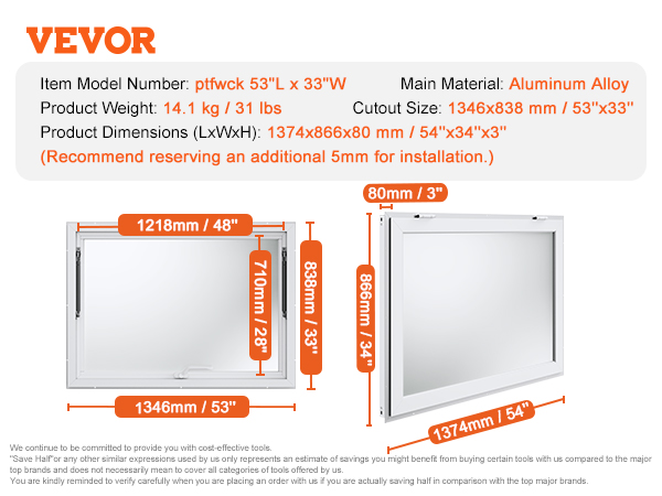 VEVOR Concession Window 53"x33", Aluminum Alloy Food Truck Service ...