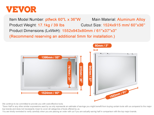 VEVOR Concession Window 60"x36", Aluminum Alloy Food Truck Service ...