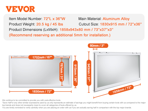 VEVOR Concession Window 72"x36", Aluminum Alloy Food Truck Service ...