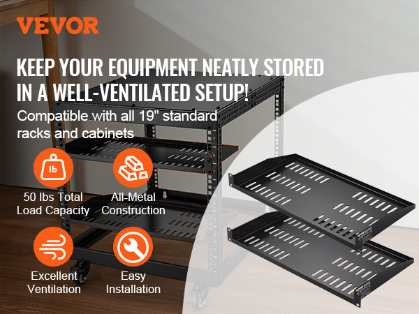 VEVOR 2 STK 1U Server Rack Hylde 10"/254 mm Dybde Udluftet Rack Mount ...