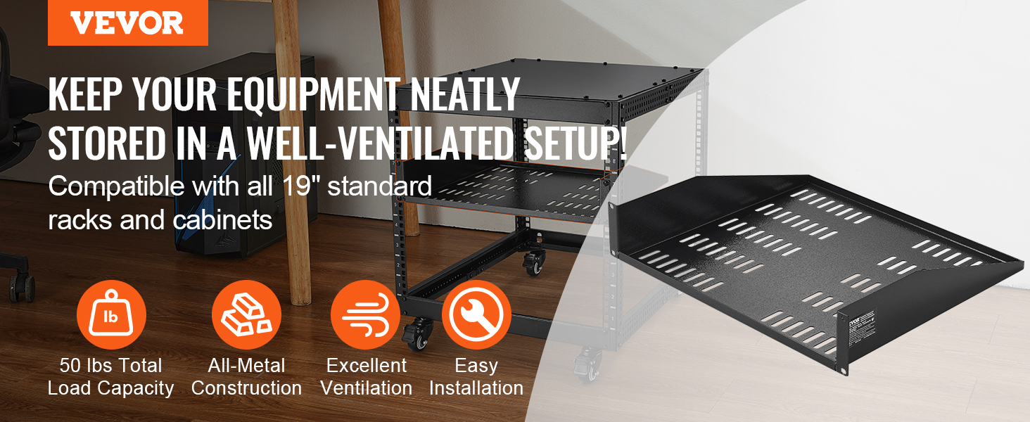 VEVOR 2U Server Rack Hylla 16"/406 mm Djup Ventilerad Rack Mount Hylla ...