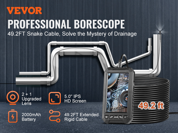 VEVOR Endoscope Camera with Lights Triple Lens Borescope 49.2FT Cable 5 ...