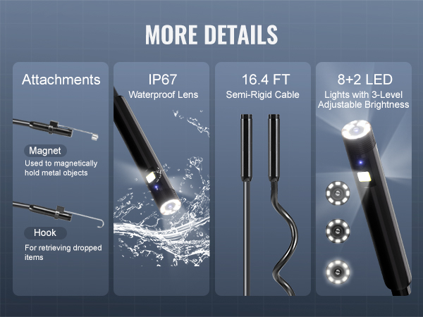 VEVOR Endoscope Camera with Lights Triple Lens Borescope 16.4FT Cable 5 ...