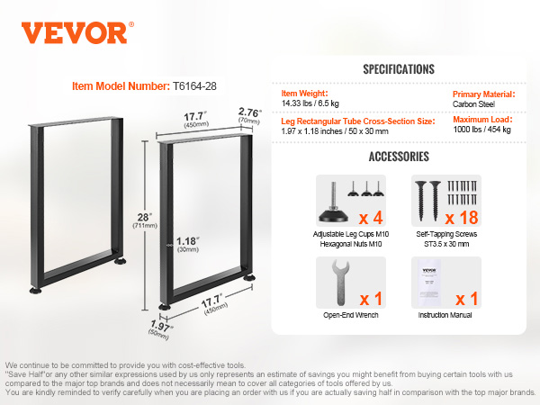VEVOR 28 Inch Adjustable Furniture Legs, Square Reinforced Steel Office ...