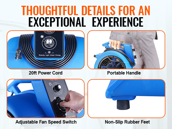 VEVOR Floor Blower 1250 RPM 2600 CFM Air Mover with 4 Blowing Angles 3 ...