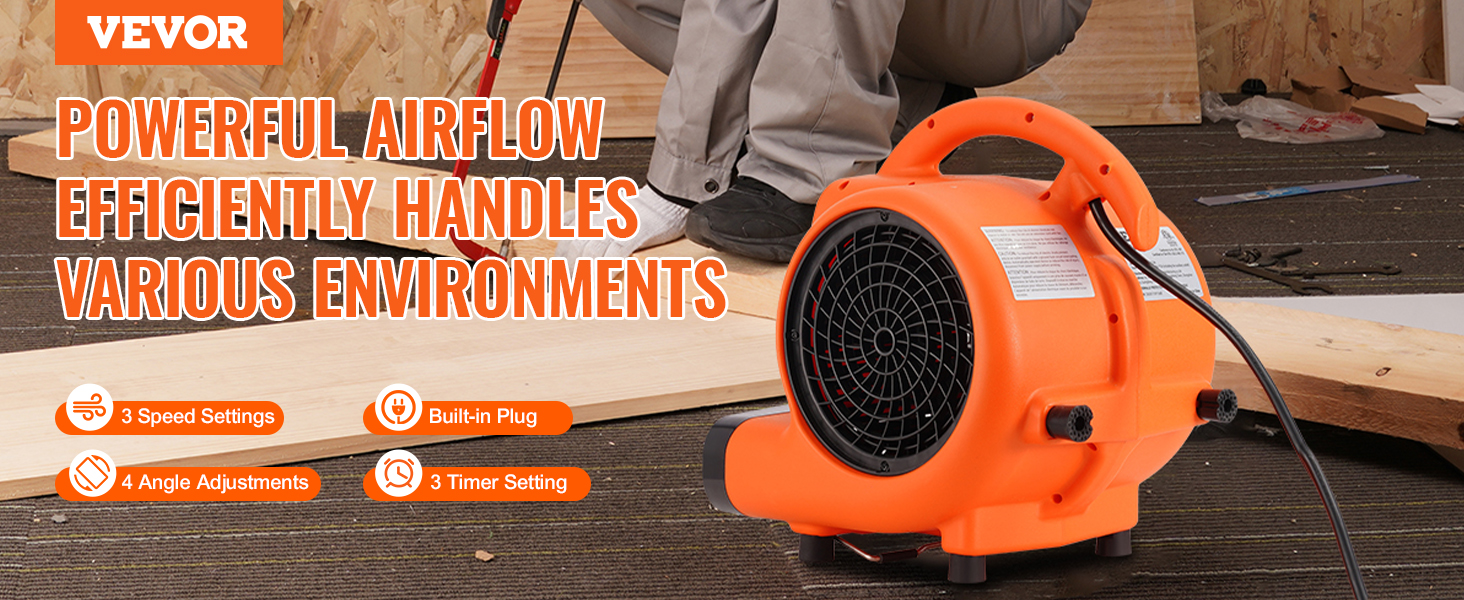 VEVOR Floor Blower 1380 RPM 1000 CFM Air Mover with 4 Blowing Angles 3 ...