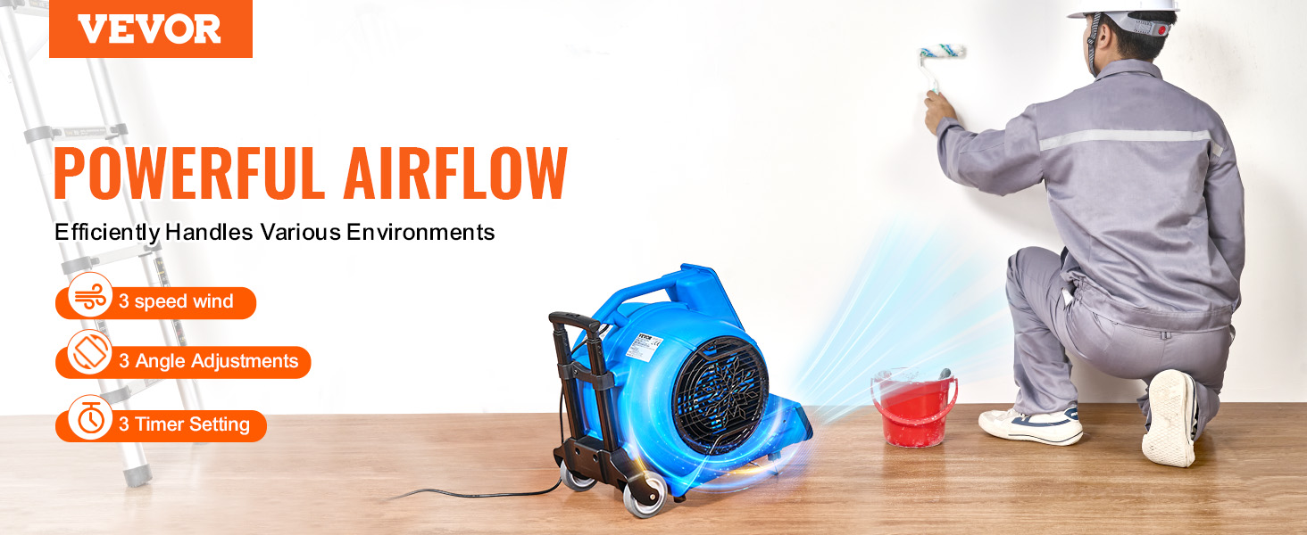 VEVOR Floor Blower 1400 RPM 4000 CFM Air Mover with 3 Blowing Angles 3 ...