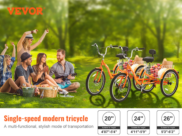 VEVOR Adult Tricycles Bike, 24 Inch Three-Wheeled Bicycles, 3 Wheel ...