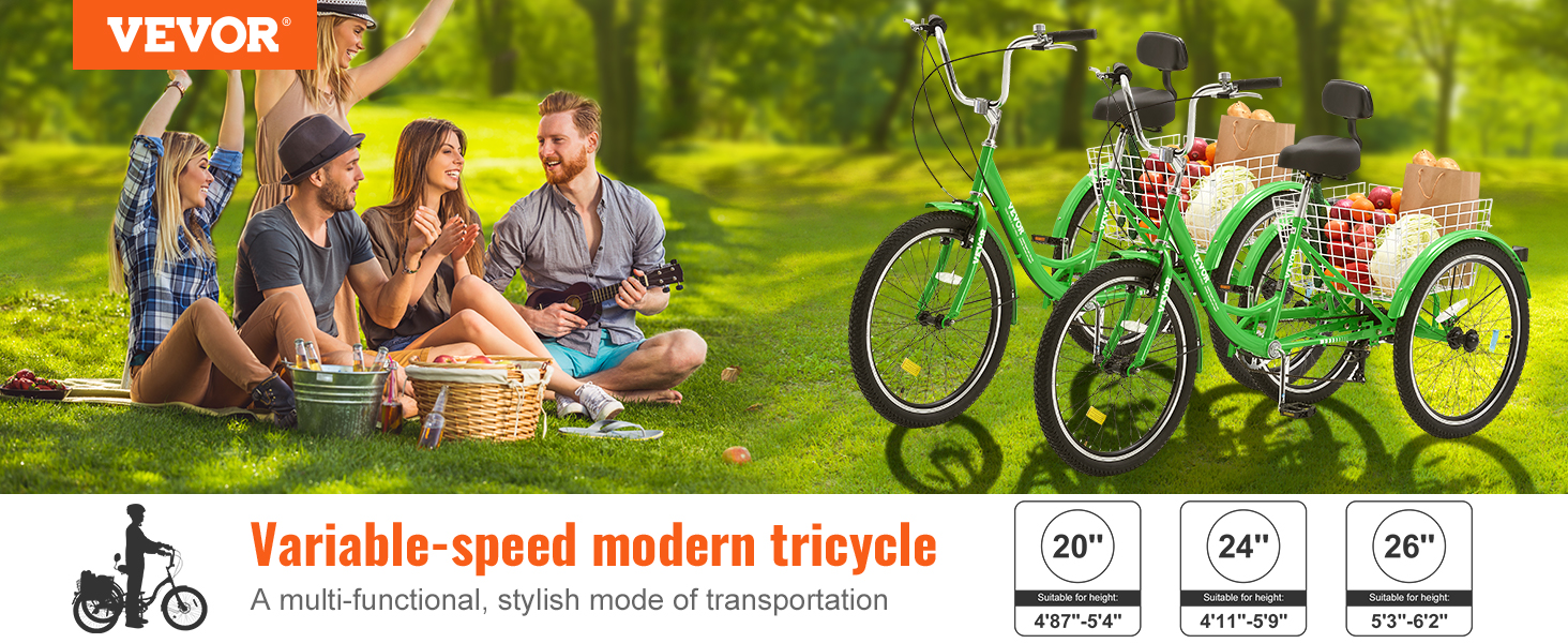 VEVOR Adult Tricycles Bike, 7 Speed Adult Trikes, 26 Inch Three-Wheeled ...