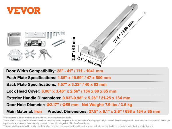 VEVOR Push Bar Door Locks, Carbon Steel Panic Bars for Exit Doors, with ...