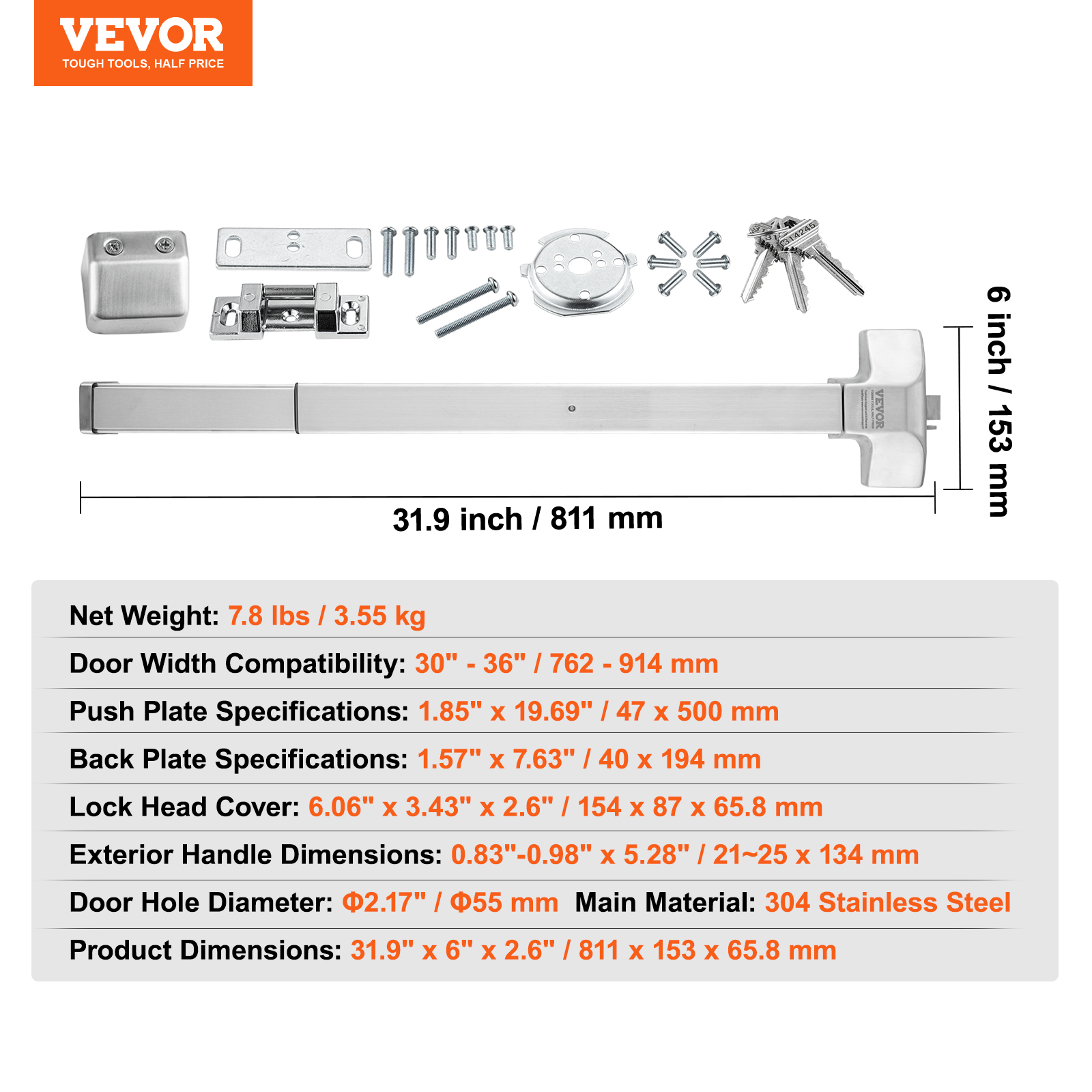 VEVOR Push Bar Door Locks Stainless Steel Panic Bars for Exit Doors ...