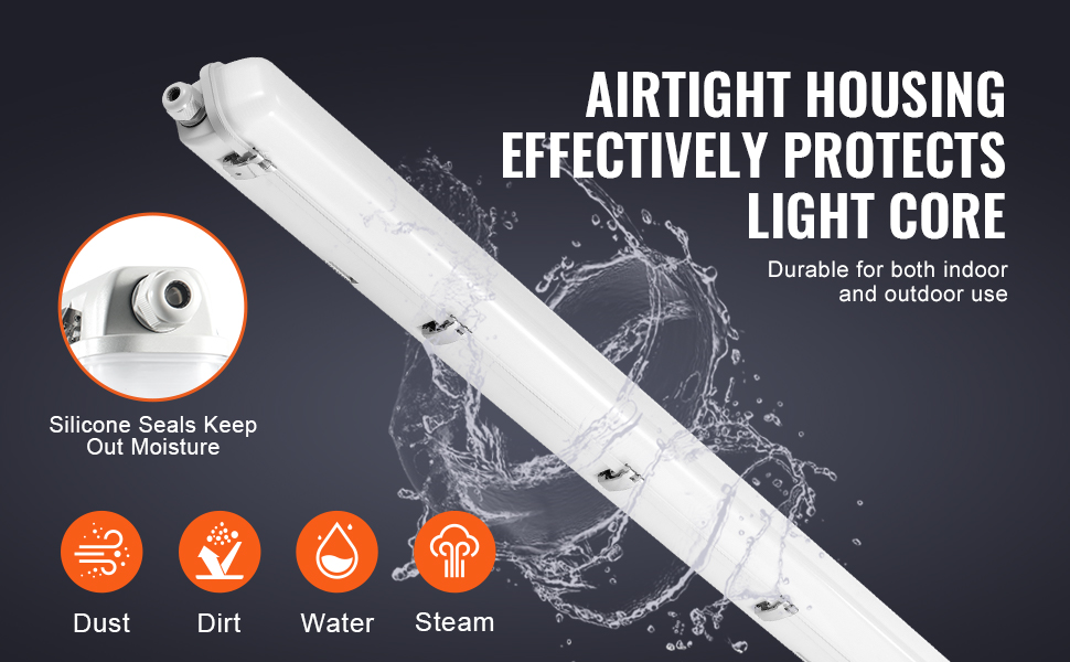 VEVOR 4FT LED Vapor Tight Light, 60W, 7400LM Vapor Proof Light Fixture with 5000K IP65 ...