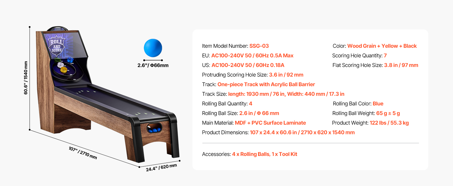 9 ft Roll & Score Arcade Game Table LED Electronic Scorer Home Game Room 4 Balls | VEVOR US